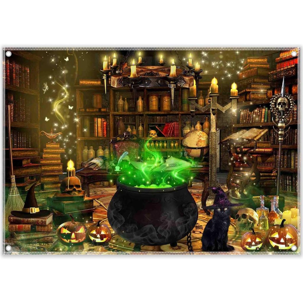 Halloween Witch Photography Backdrop Magic Cauldron Bookshelf Background Pumpkin Spooky Room ...