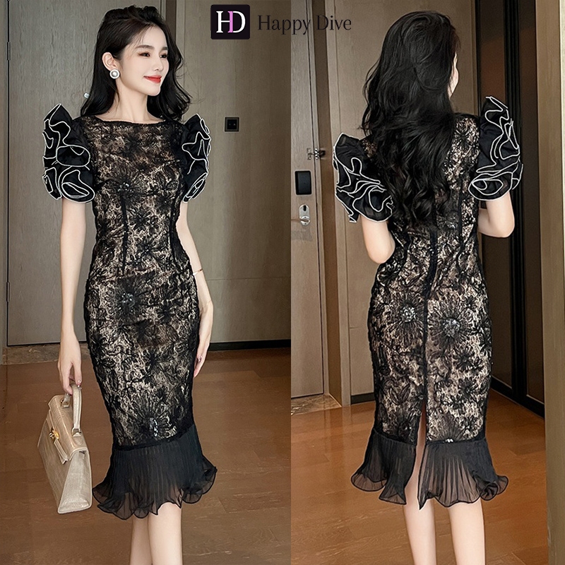 Happy Diva Women's Sexy Lace Puff Sleeve Split Dress Black Fishtail ...