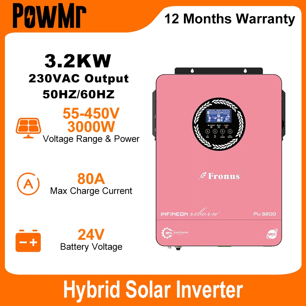 PowMr 3KW Hybrid Solar Inverter Built-in 80A MPPT Solar Charge Controller PV Input 55-450Voc 50 ...