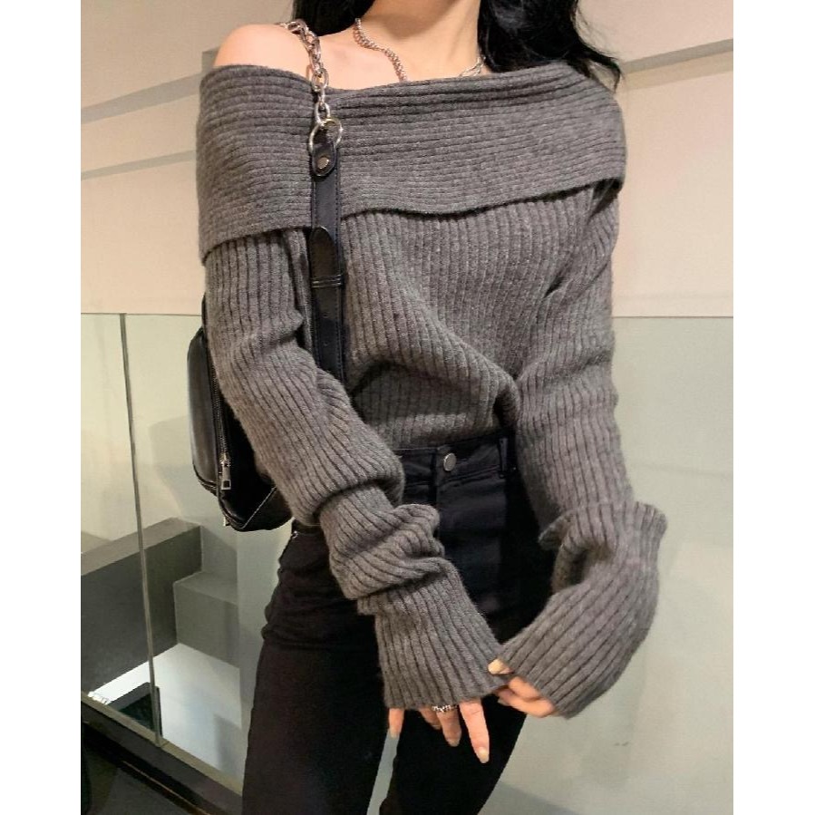 Korean gray high-end and sexy one shoulder knitted top | Shopee Philippines