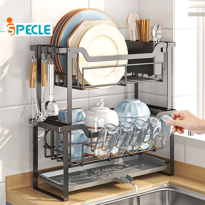 iSPECLE 2Tiers Dish Rack with Drainer Sink Side Dish Rack Kitchen Racks ...