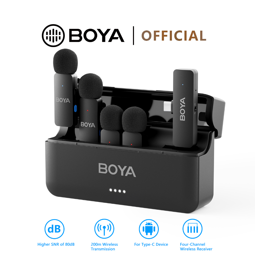 BOYA BY-V4U Wireless Lavalier Microphone With Charging Box 4 Transmitters Mini Mic for iPhone ...