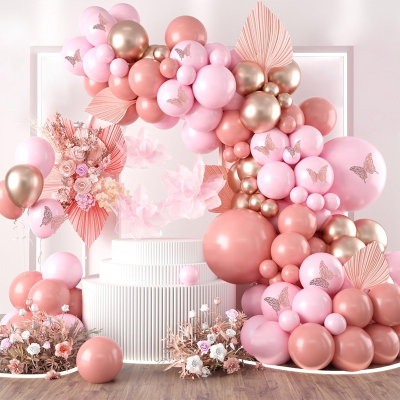 111pcs Pastel Pink Butterfly Balloon Set Retro Pink Latex Balloon Rose ...