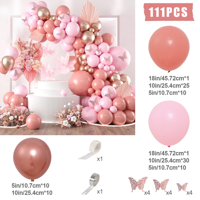 111pcs Pastel Pink Butterfly Balloon Set Retro Pink Latex Balloon Rose ...
