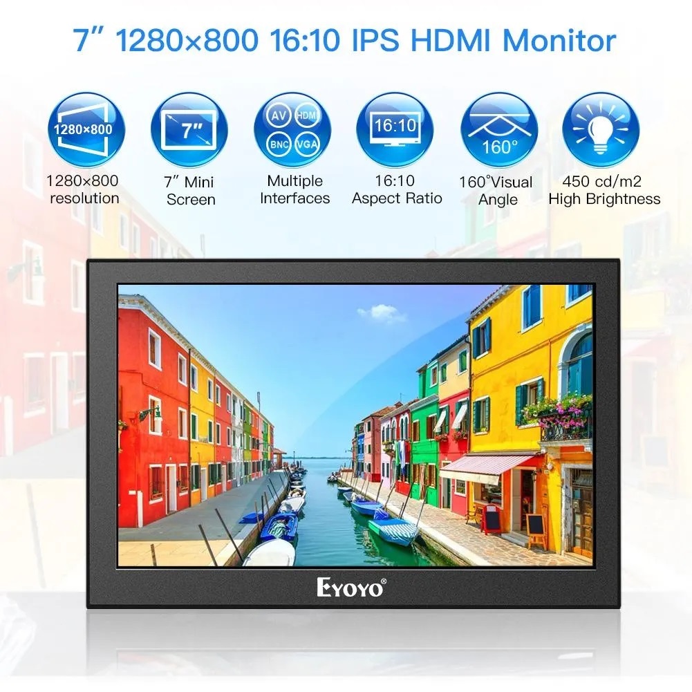 Eyoyo 7 inch Small HDMI LCD Monitor, Portable 1280x800 16:10 IPS Screen ...