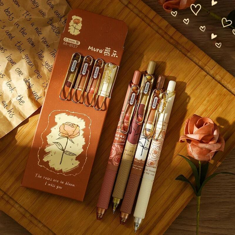 4pcs/box Romantic Roses Gel Pens Vintage 0.5mm Black Ink Neutral Pens ...