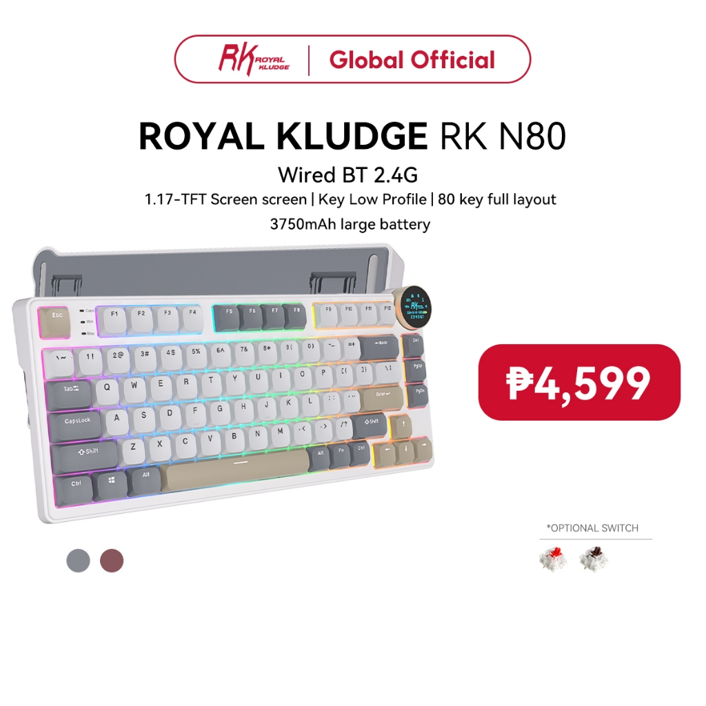 Royal Kludge RK N80 Pearly Dawn 80 Key Low Profile Tri-Mode RGB Wired Bluetooth 2.4G Wireless ...