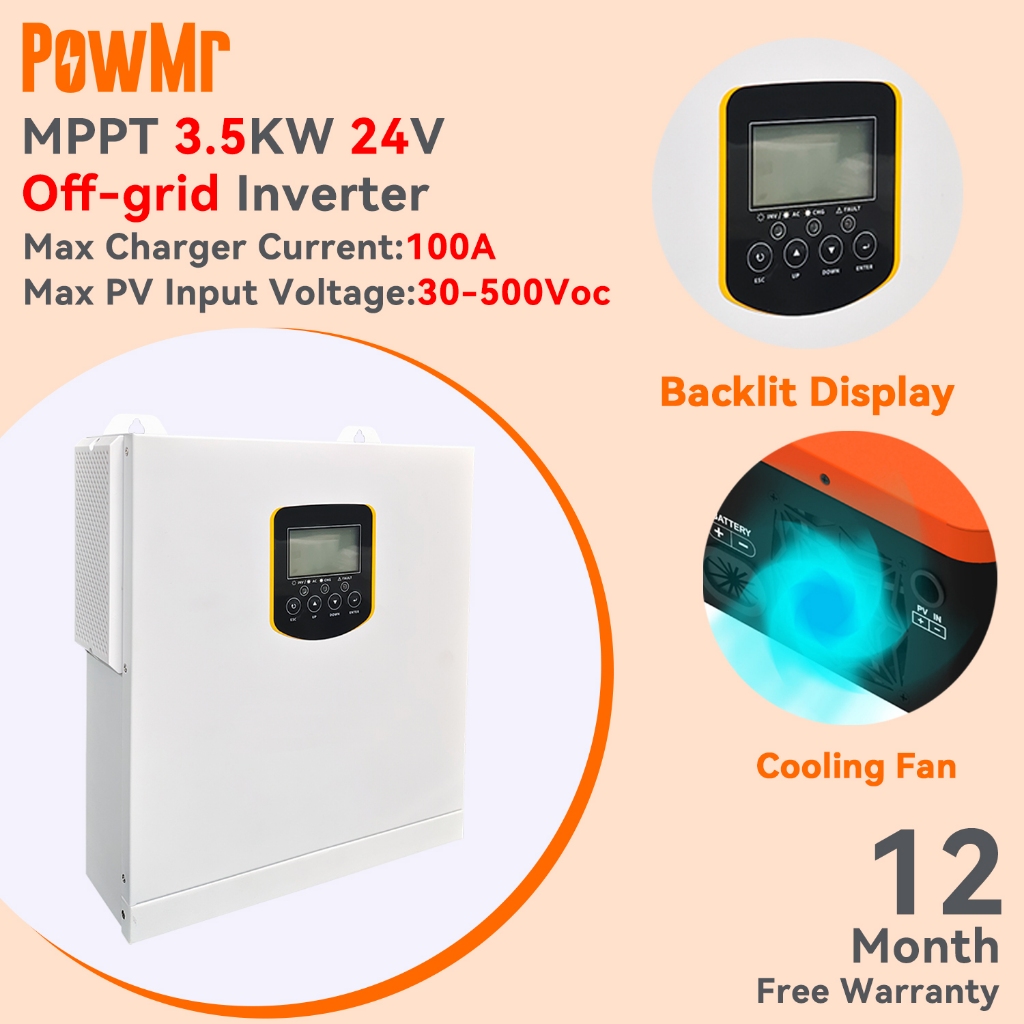 PowMr 3.5KW Hybrid Solar Inverter 500Vdc Supports 24V Lifepo4 Battery ...