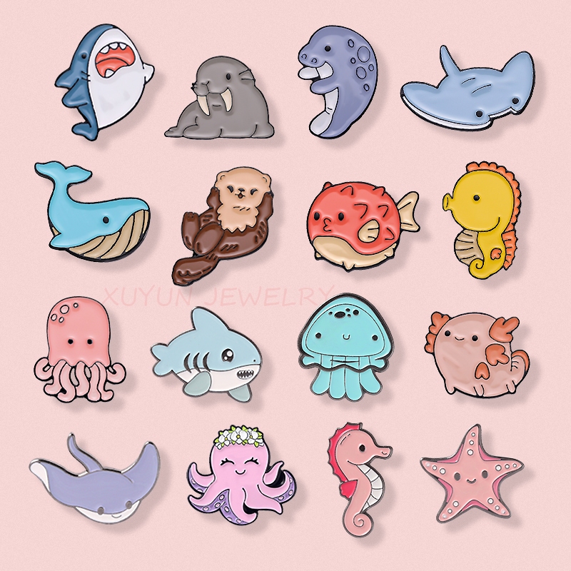 Cute Sea Animal Enamel Alloy Lapel Pin Cartoon Whale Shark Octopus ...