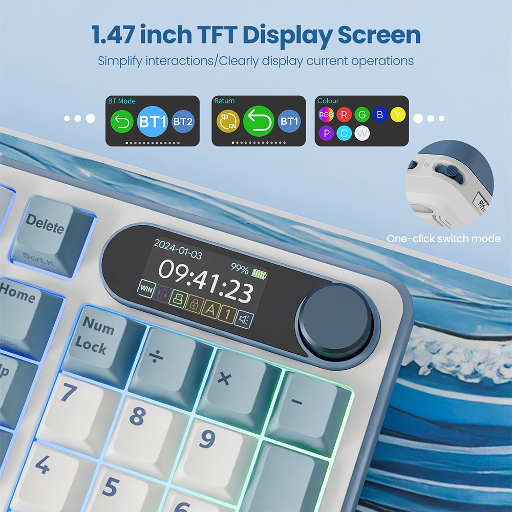 RK Royal Kludge RK S98 98 Key Tri-Mode RGB Wired Bluetooth 2.4G Wireless 3 Modes With TFT Screen ...