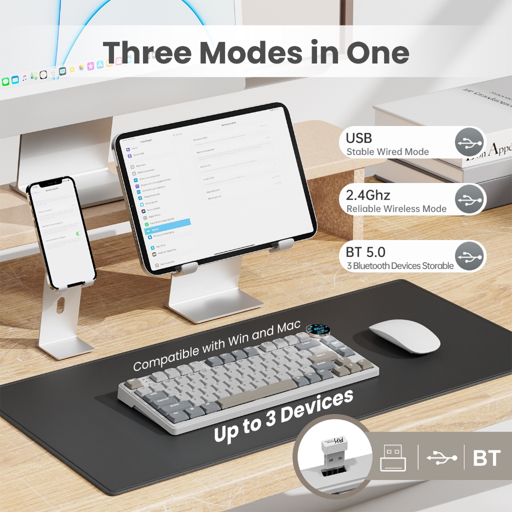 Royal Kludge RK N80 Pearly Dawn 80 Key Low Profile Tri-Mode RGB Wired ...