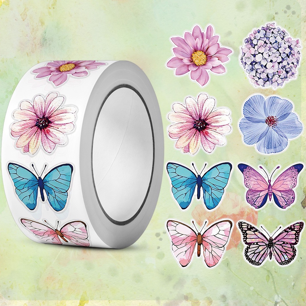 500pcs/roll Butterfly Flower Sticker 8 Design Colorful Butterfly Decals ...