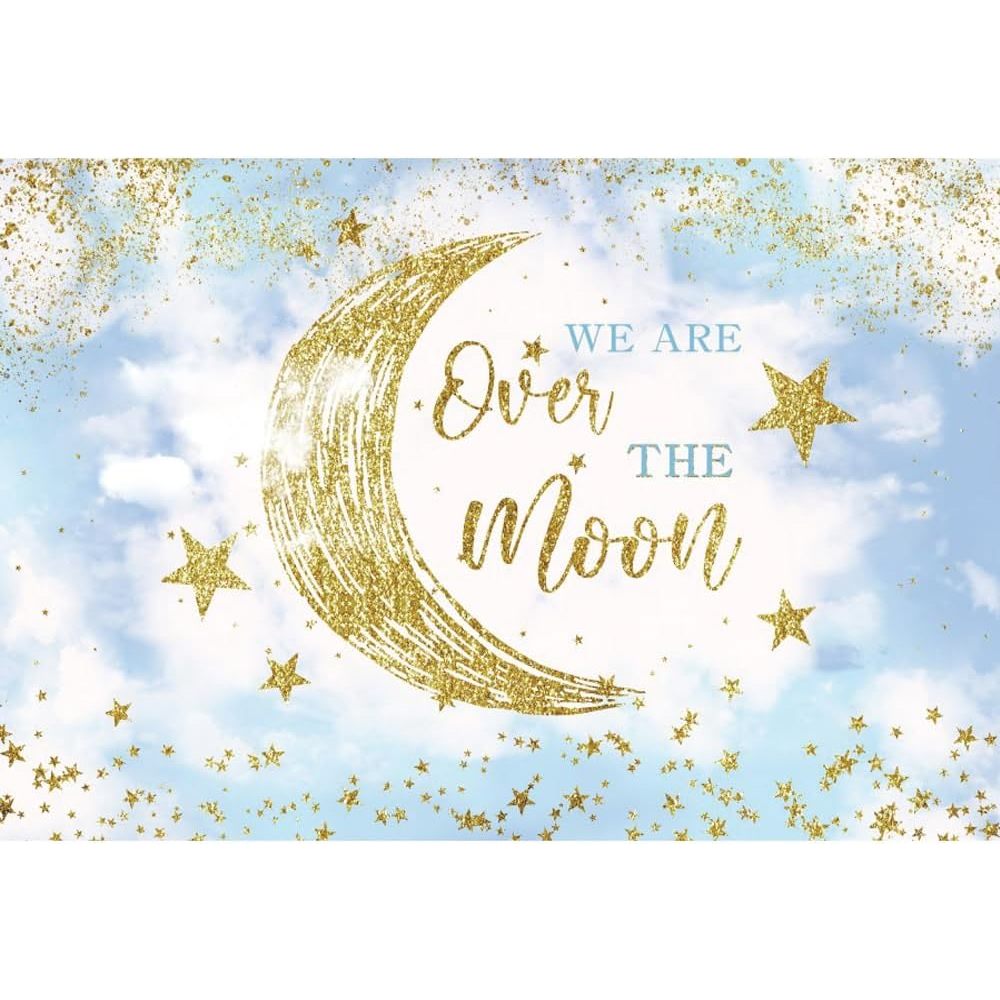 7x5ft We are Over The Moon Backdrop Gold Glitter Bokeh Stars and Moon Celestial Blue White Cloud ...