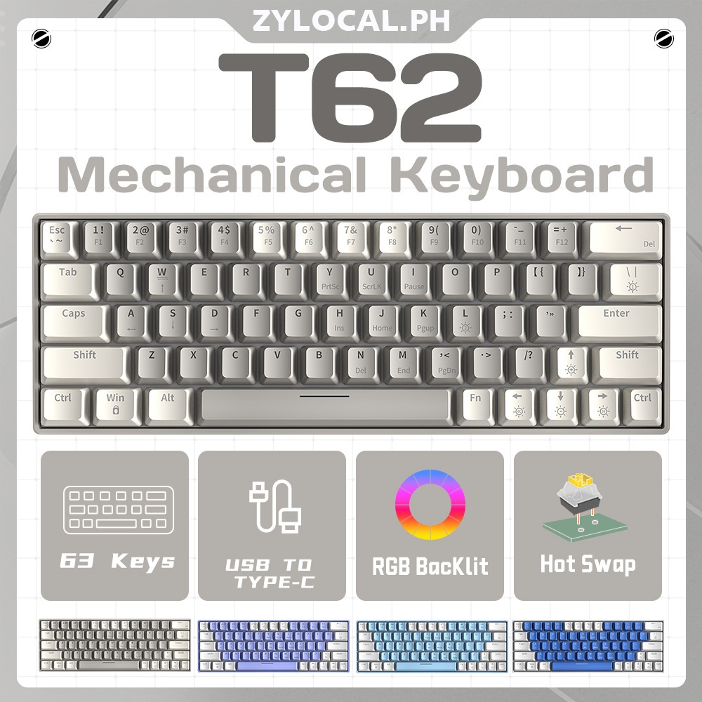 ZIFRIEND T62 63 Keys RGB Backlit Wired Black Mechanical Keyboard ...