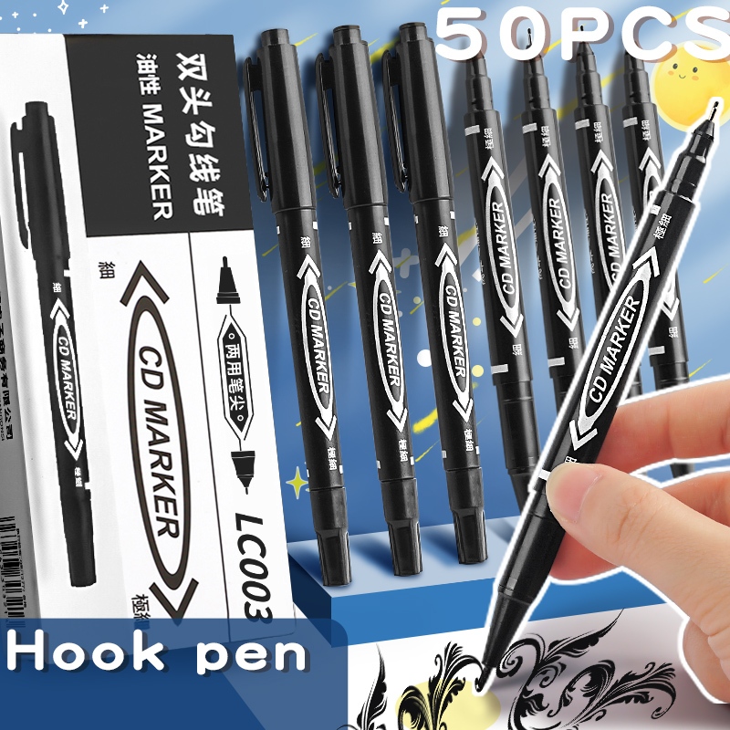 50pcs Double-head Oil Markers 0.5-1.0mm Permanent Marker Pen Black Blue ...