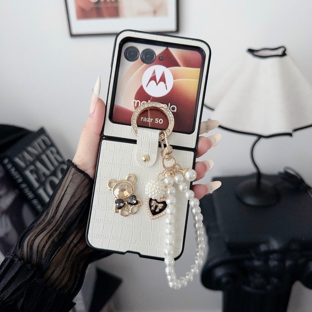Little Bear Pearl Bracelet Leather Folding Phone Case for Motorola Moto ...