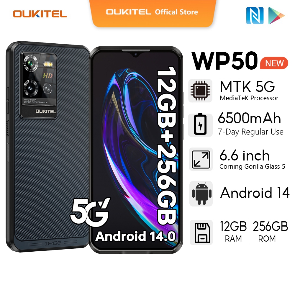 OUKITEL WP50 5G Android 14 12GB+256GB Mobiless 6.60" HD+ 6500mAh 48MP+2MP+0.3MP NFC Ultra+thin ...
