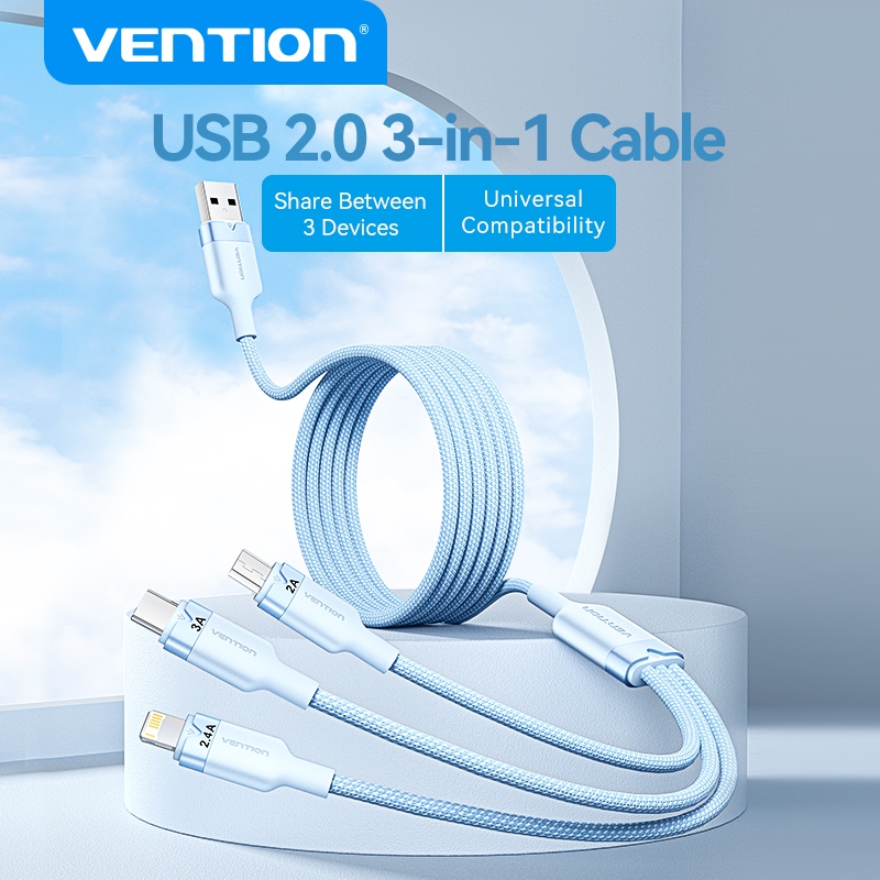 Vention USB 2.0 A Male to 3-in-1 USB-C & Lightning & Micro-B Male 3A ...