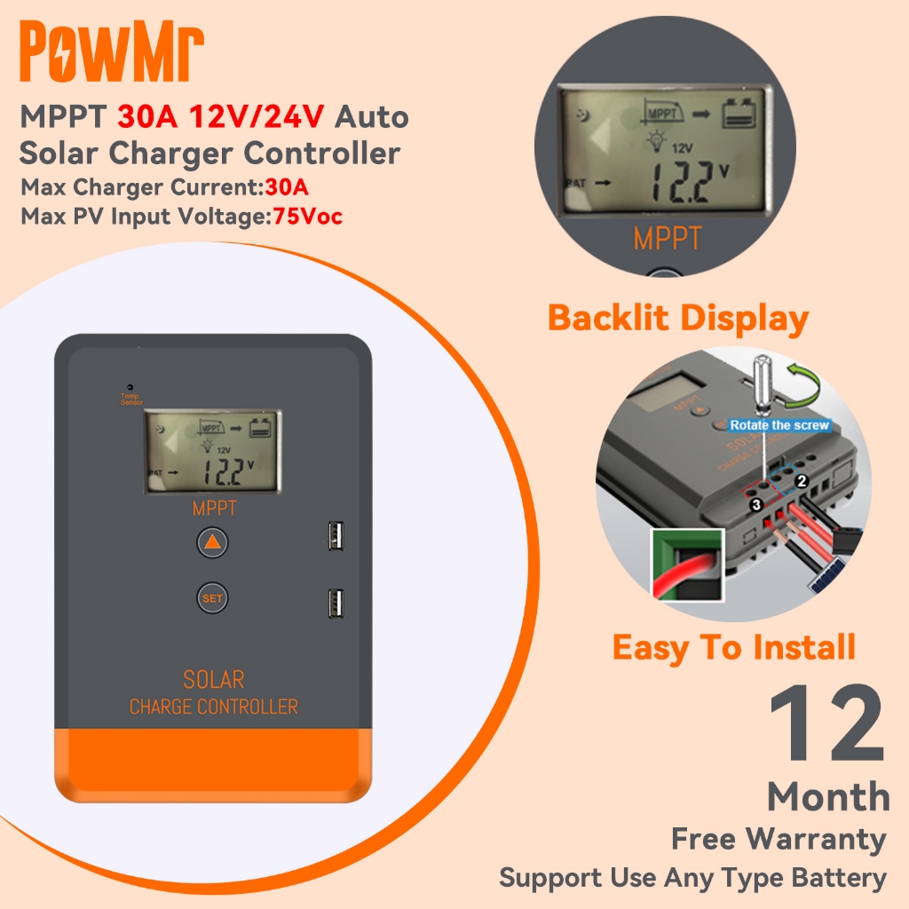 PowMr MPPT Solar Charger Controller 30A 12V/24V Auto Solar Controller ...