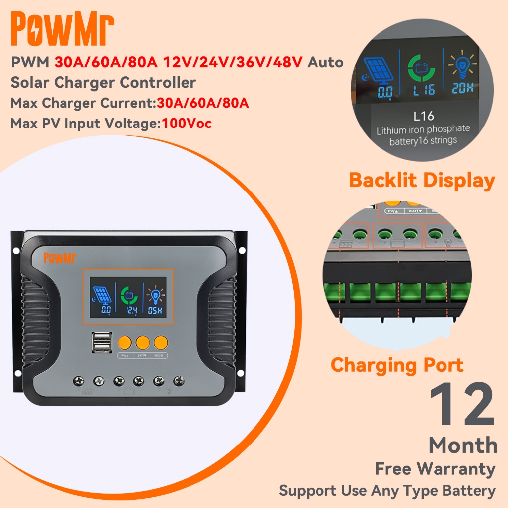 【Official Store】PowMr PWM 30A 60A 80A Solar Charge Controller 12V/24V/36V/48V Automatic ...