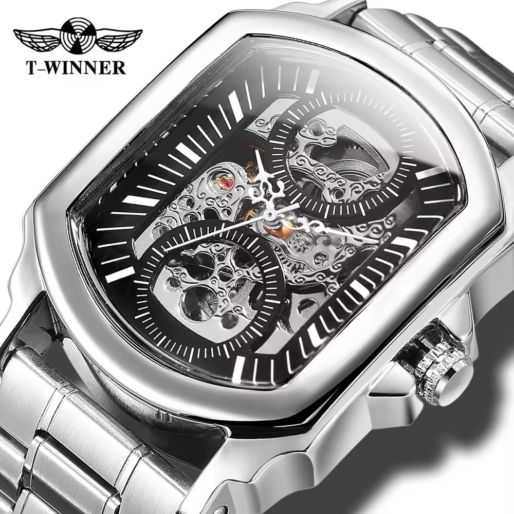T-Winner automatic mechanical watch silver hollow stainless steel strap ...