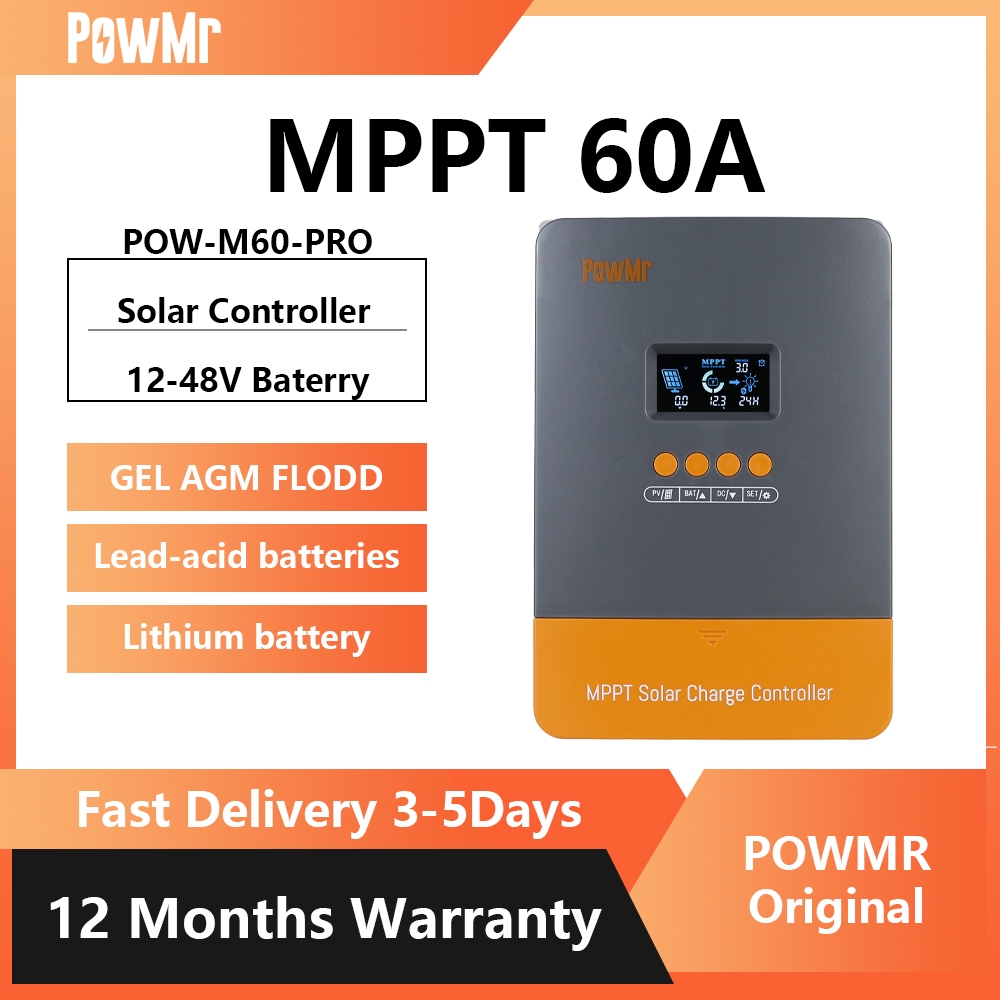 PowMr 60A MPPT Solar Charger Controller With Blacklight LCD Regulator Max PV Input 160VDC 12V ...