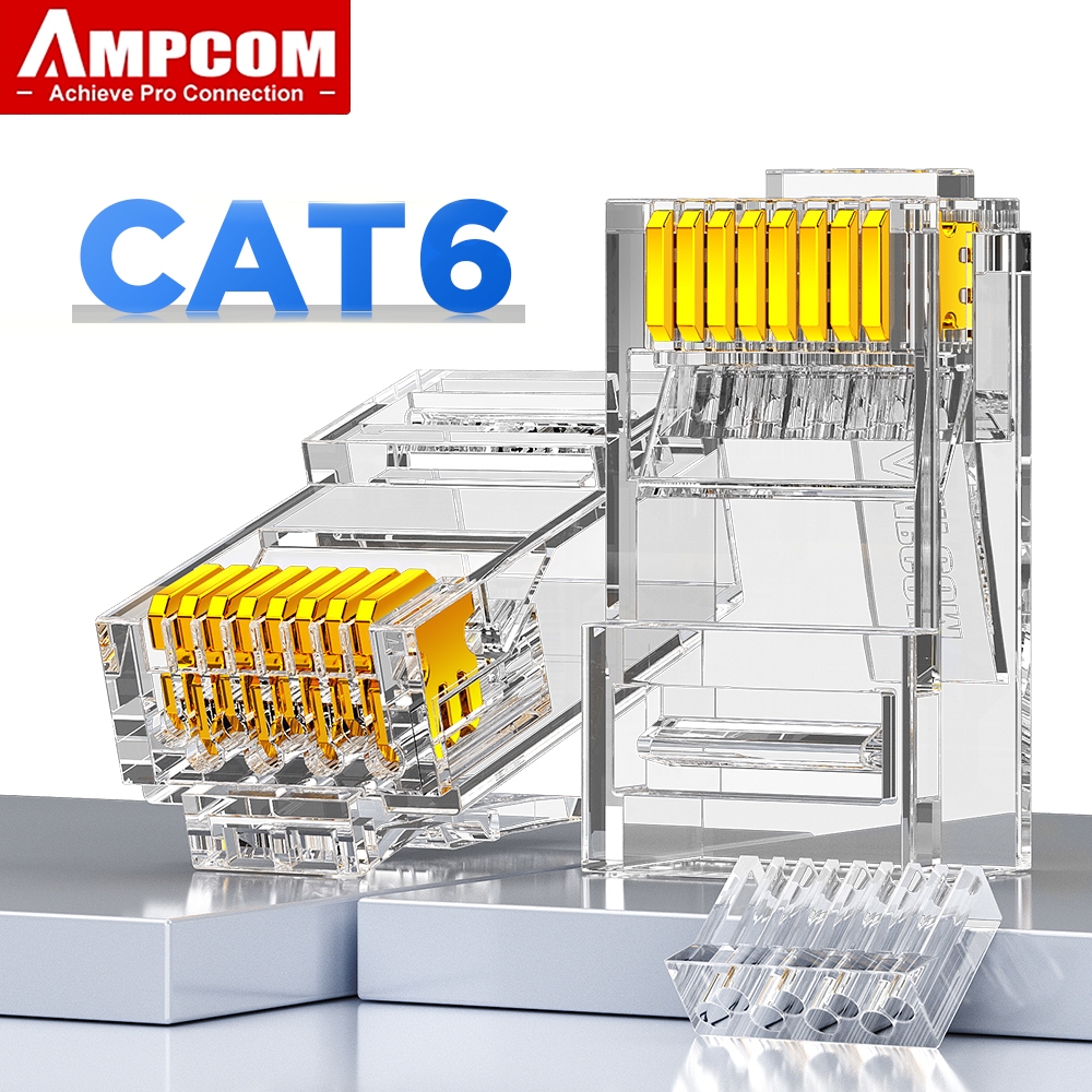 AMPCOM CAT6 RJ45 Modular Plug Connector UTP 50μ Gold-Plated 2-Piece ...
