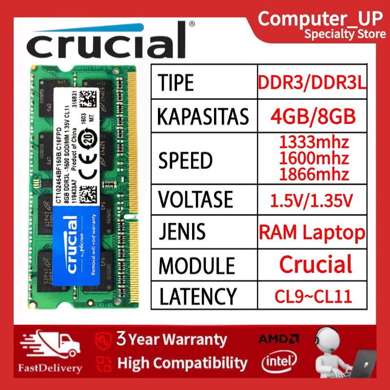(Bulacan Ship)Crucial Laptop RAM 4GB 8GB DDR3 DDR3L 1600MHZ SODIMM PC3-12800 memory for ...