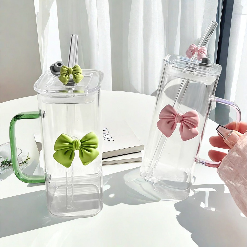 Water Cup High-value Straw Cup Pink Bow Glass Cup Princess Style Cute ...
