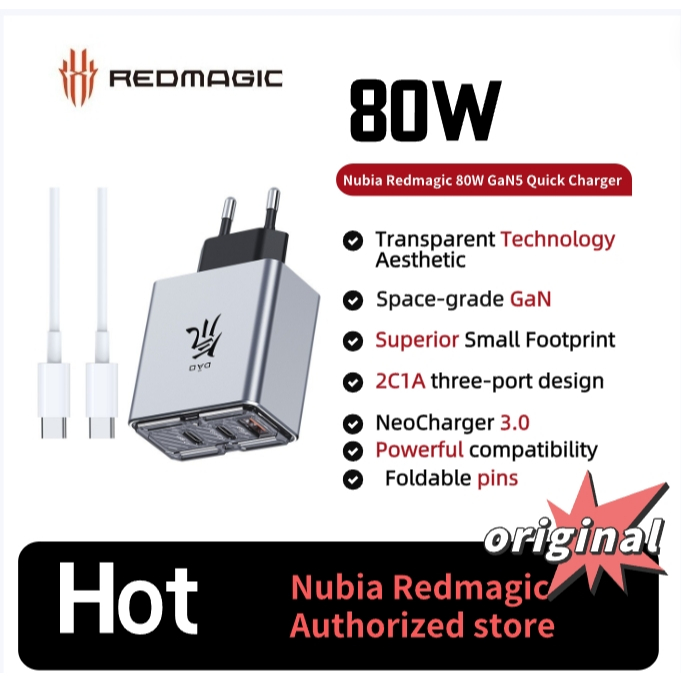 Nubia Redmagic DAO 80W GaN Charger Fast Charger 2C 1A EU /US Plug Mobile Phone Charger for Red ...
