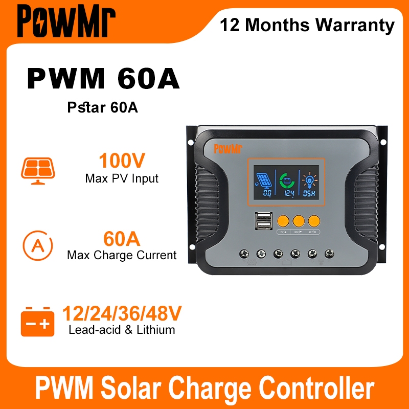 PowMr 30A 60A 80A PWM Solar Charge Controller Max PV 100VDC 12V/24V/36V ...