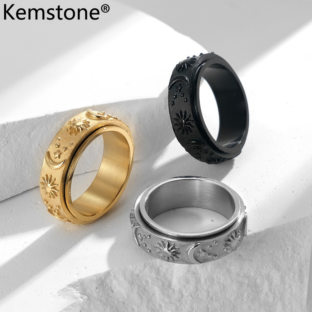 Kemstone Bohemian Celestial Spinner Ring - Stainless Steel Sun, Moon ...