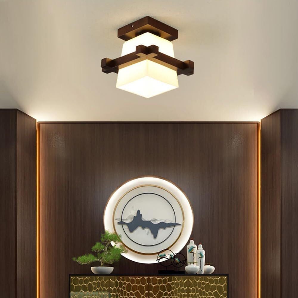 Modern Wood Ceiling Light Fixture Retro Walnut Square Ceiling Lamp with ...
