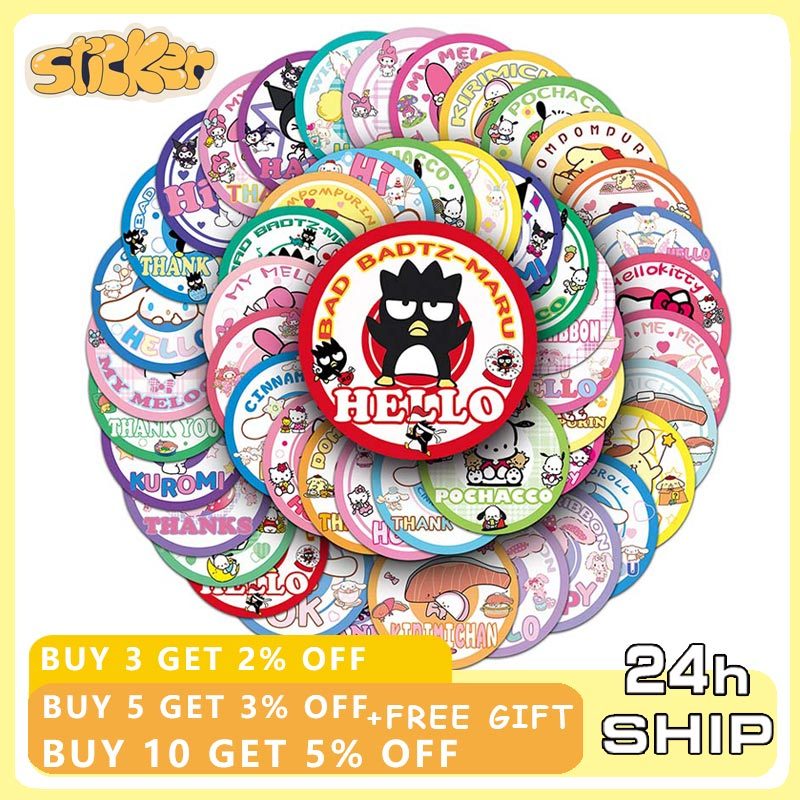 50PCS Sticker Round Sanrio Badge Cartoon Waterproof Decal Kuromi ...