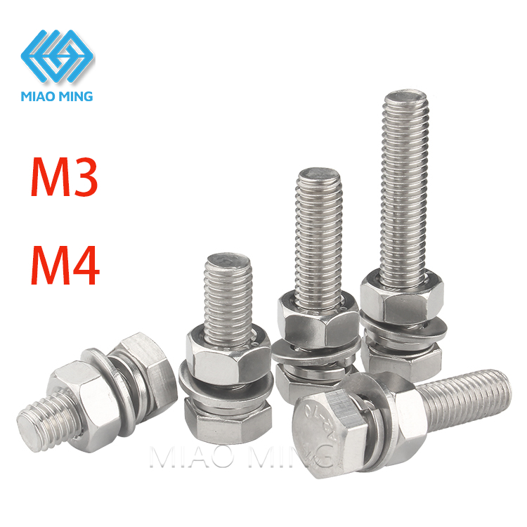 M3 M4 304 Stainless Steel Hex Head Screws Nuts Flat Washers Lock Washers Kits Long Hexagon Bolt ...