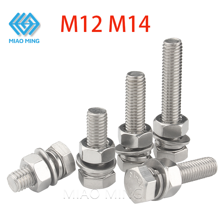 M12 M14 304 Stainless Steel Hex Head Screws Nuts Flat Washers Lock Washers Kits Long Hexagon ...