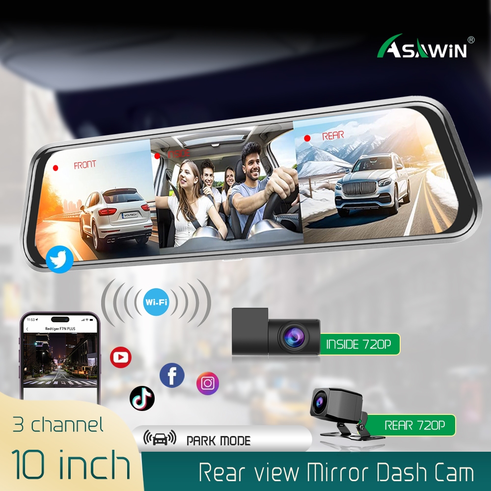 3 Camera Wifi 10 Inch Rear View Mirror Dash Cam 3 Ways Car Camera ...