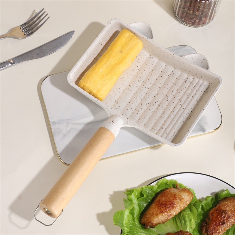 Khaki Aluminum Alloy Tamagoyaki Pan Kitchen Flat Frying Pan with Wooden ...