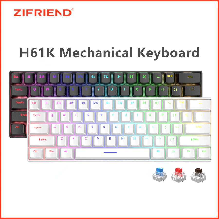 ZIFRIEND H61K 61Keys Wired Mechanical Keyboard Rainbow Backlight Blue ...