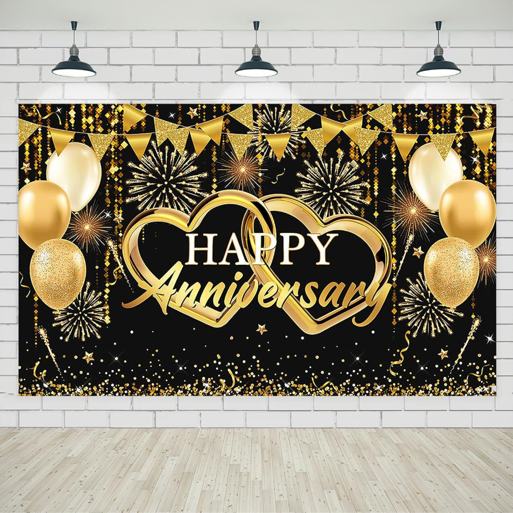 Happy Anniversary Photography Backdrop 5x3ft Black and Gold Happy ...