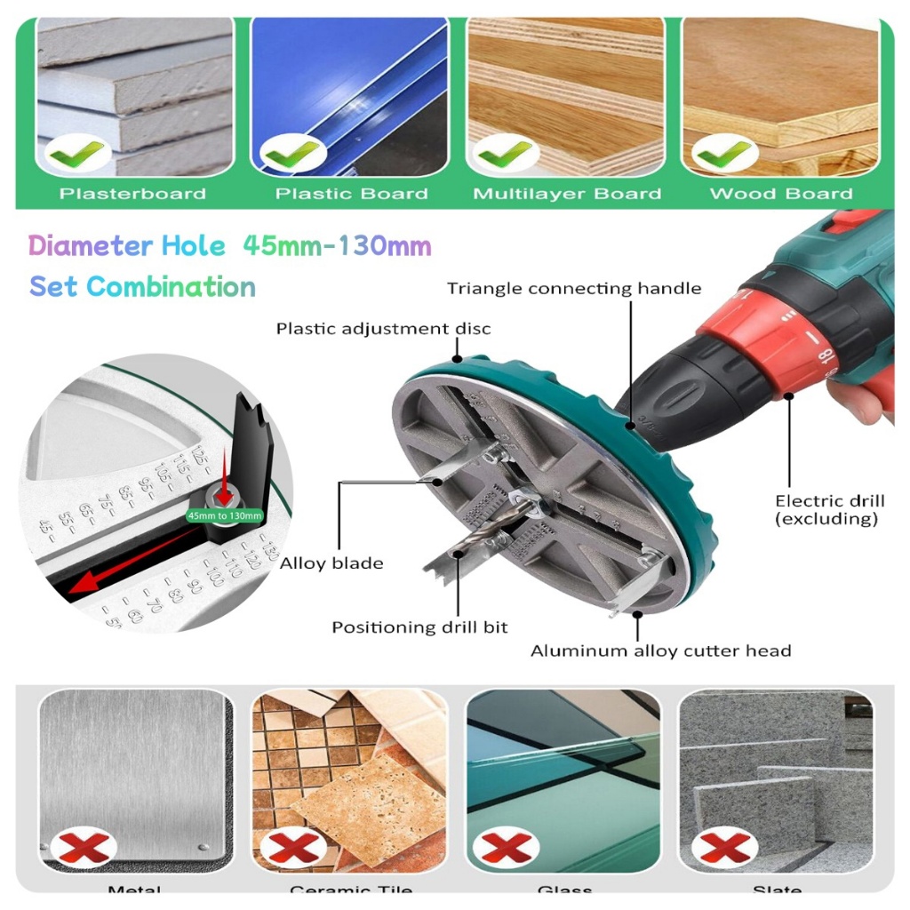 Adjustable Hole Saw Diameter 45mm - 130mm Cutting Drill Bit Woodworking ...