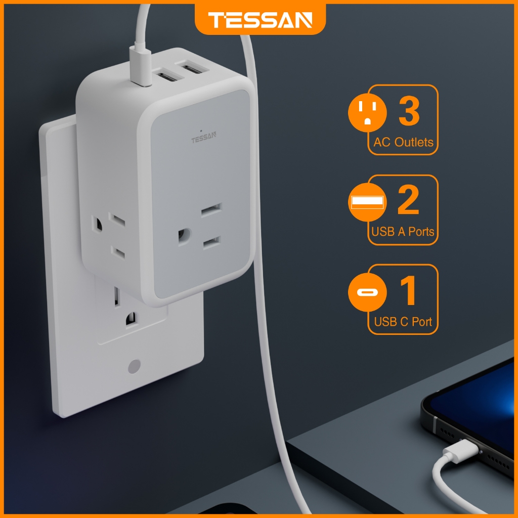 TESSAN Multi Plug Outlet Extender with 3 USB Ports, USB Hub Wall ...