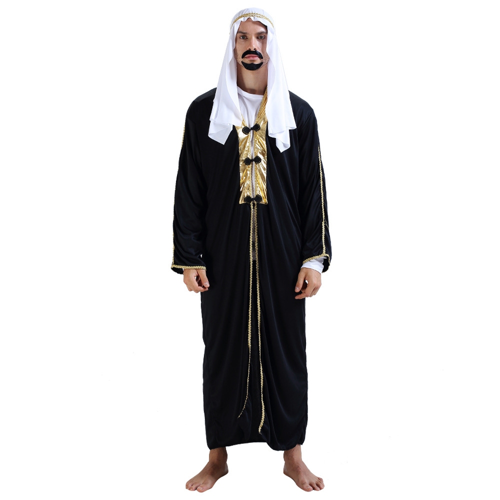 Men Black Gold Noble Robe Liturgical Dress kerchief Arabia Arab Sheikh ...