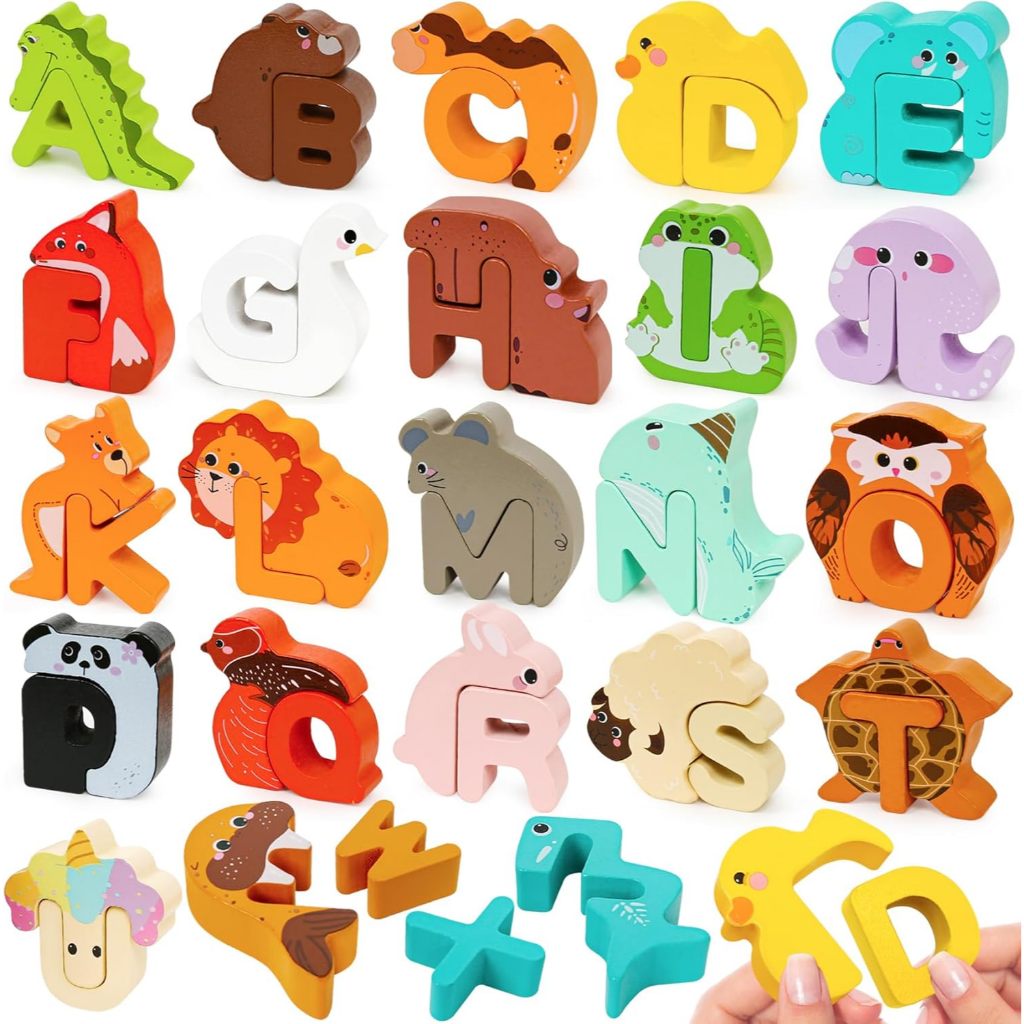 Wooden Alphabet & Animal Puzzle Set For Kids - 52pcs Matching Game ...