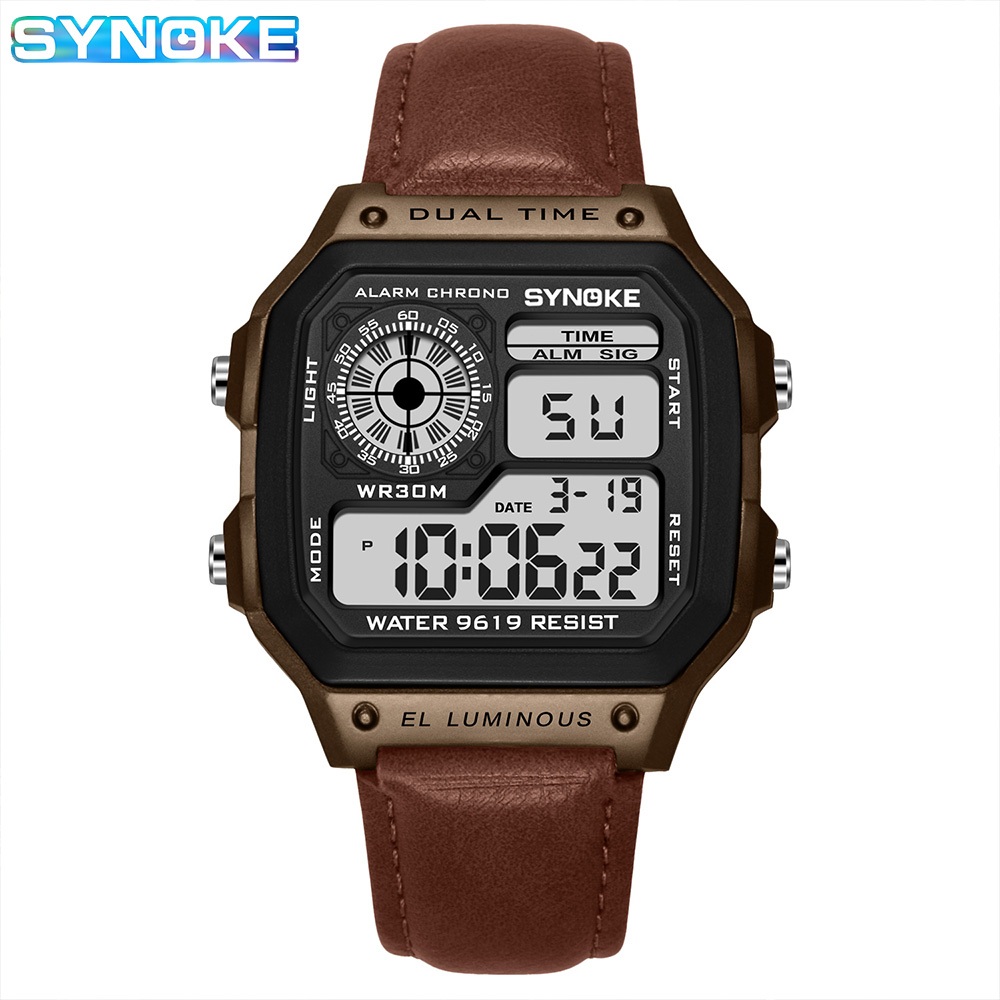 SYNOKE Original Men's Watch Leather Band Digital Watch Waterproof ...