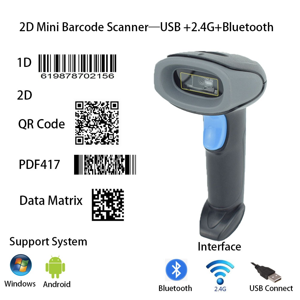 USB+2.4G Wireless+Bluetooth 1D 2D QR Code Barcode Portable Scanner with ...