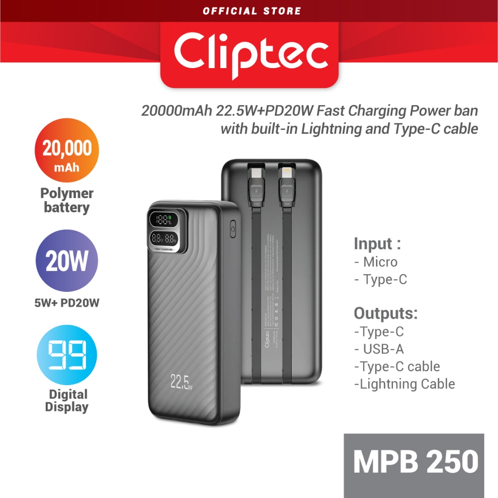 Cliptec MPB250 20000mAh 22.5W+PD20W Fast Charging Power bank with built ...