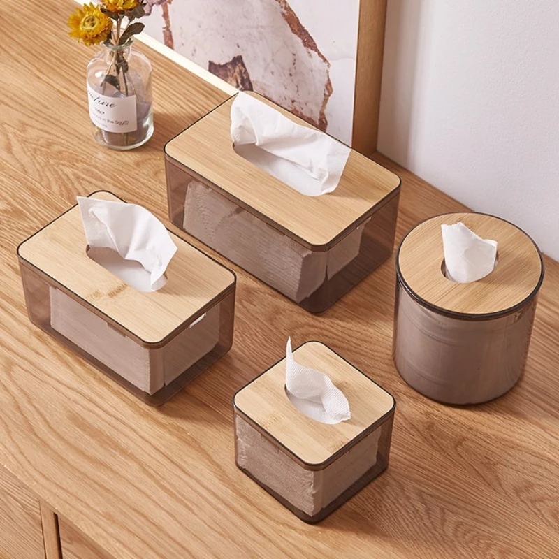 Tissue Box Transparent Bamboo Paper Towel Box Paper Roll Box Desktop ...