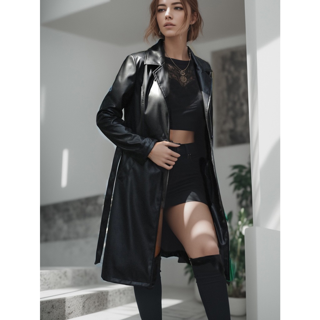 Women's Fashion Black Long Leather Jacket | Shopee Philippines