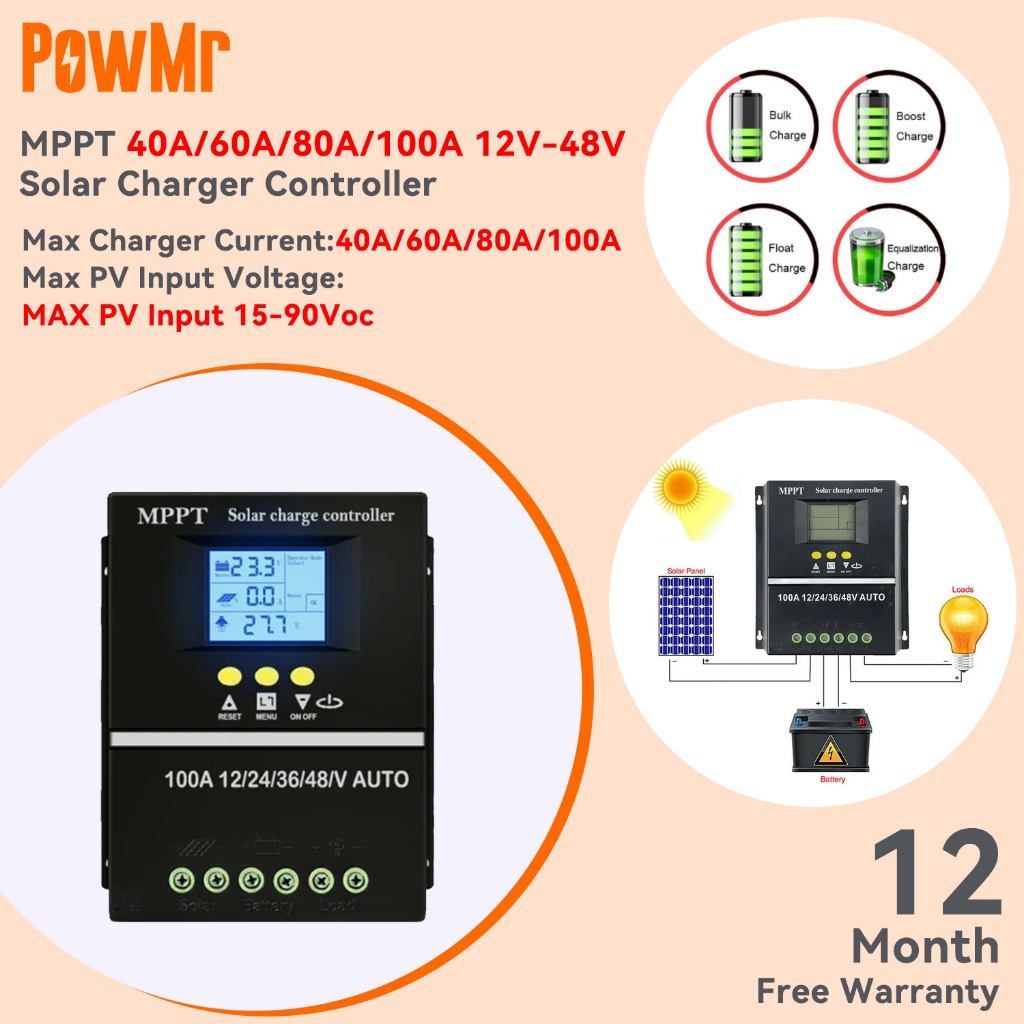 PowMr 40A/60A/80A/100A MPPT Solar Charge Controller 12V 24V 36V 48V LCD ...